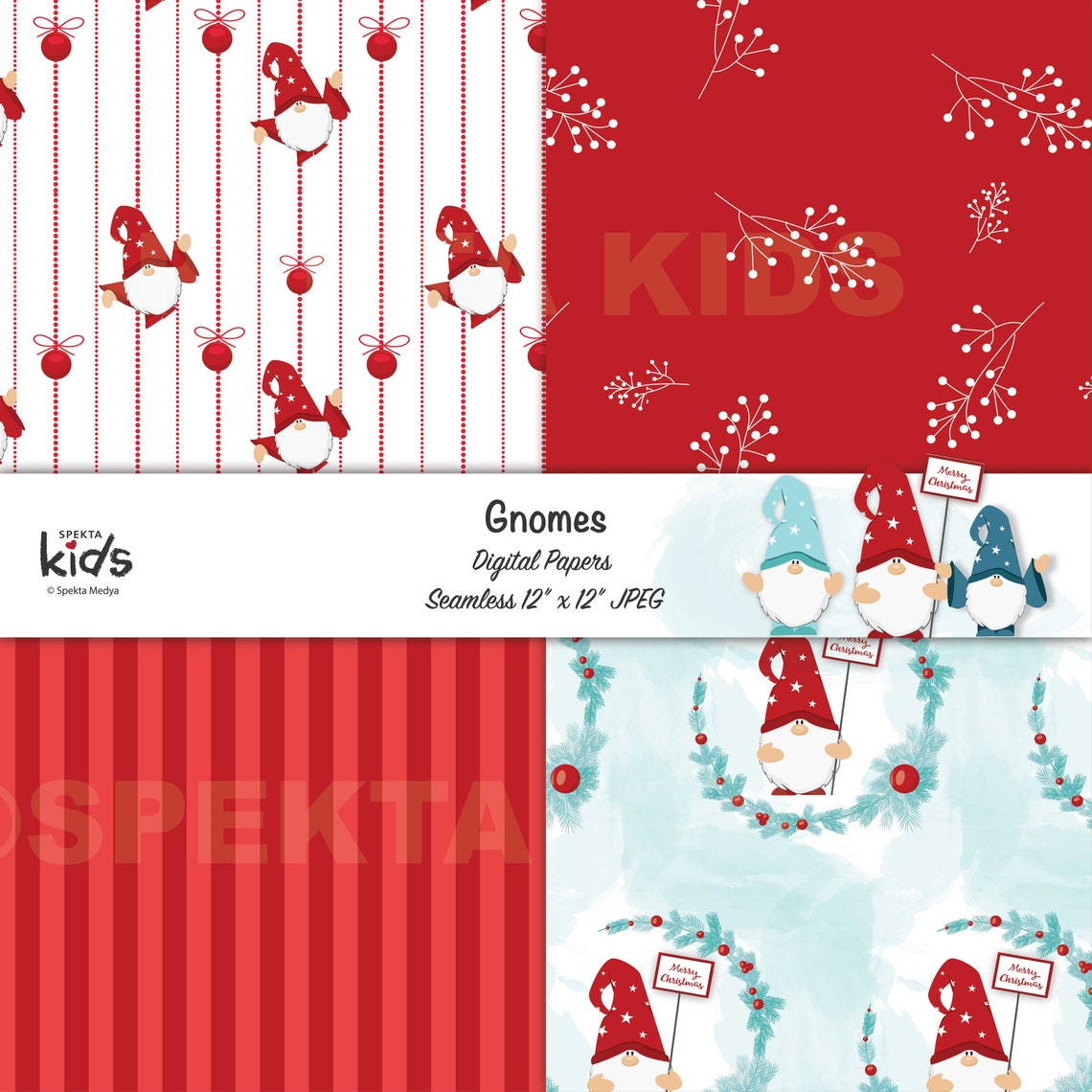 Christmas Gnome Digital Paper Seamless Hand Drawn Pattern Blue Red ...