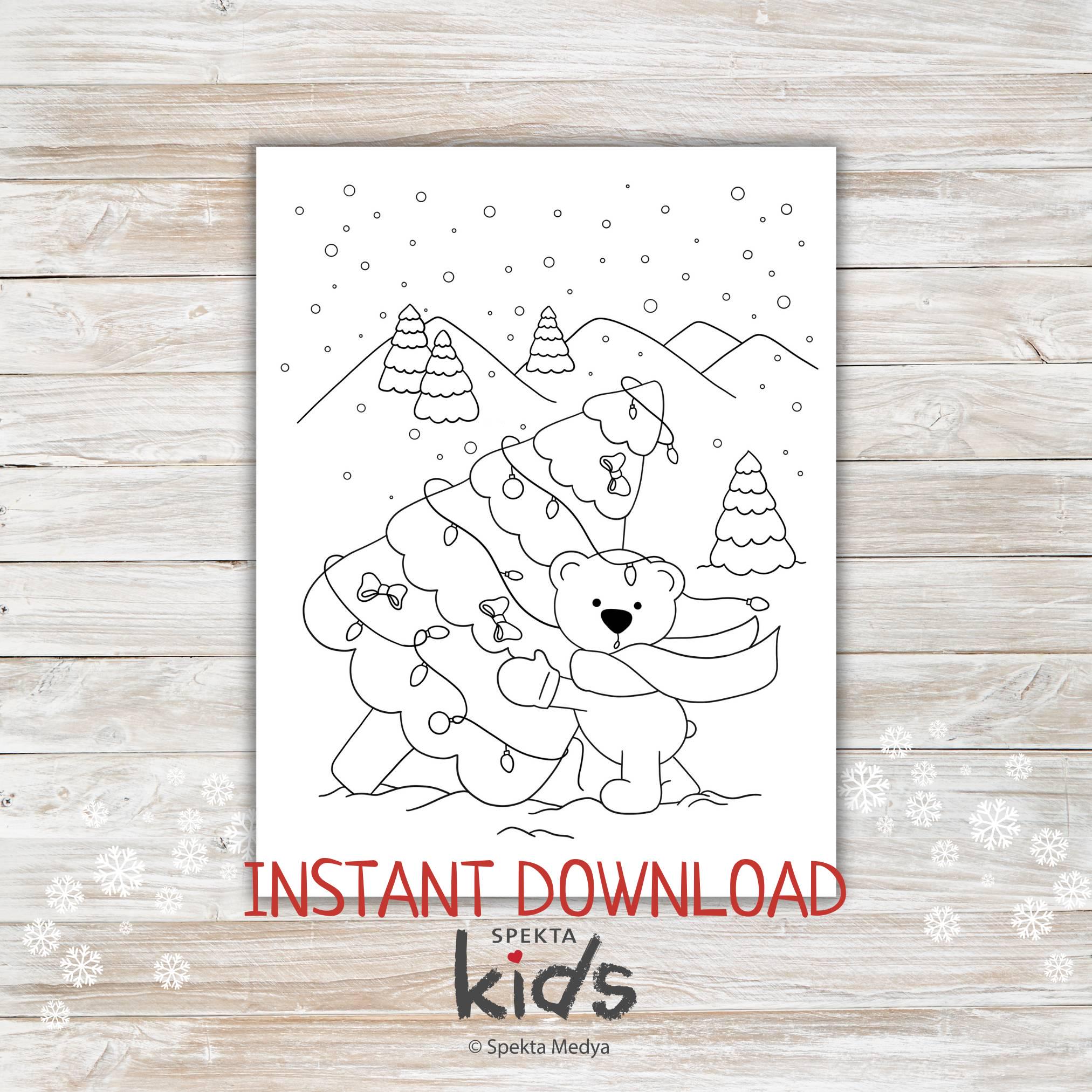 Teddy Bear With Christmas Tree Coloring Pages for Kids - Festive ...