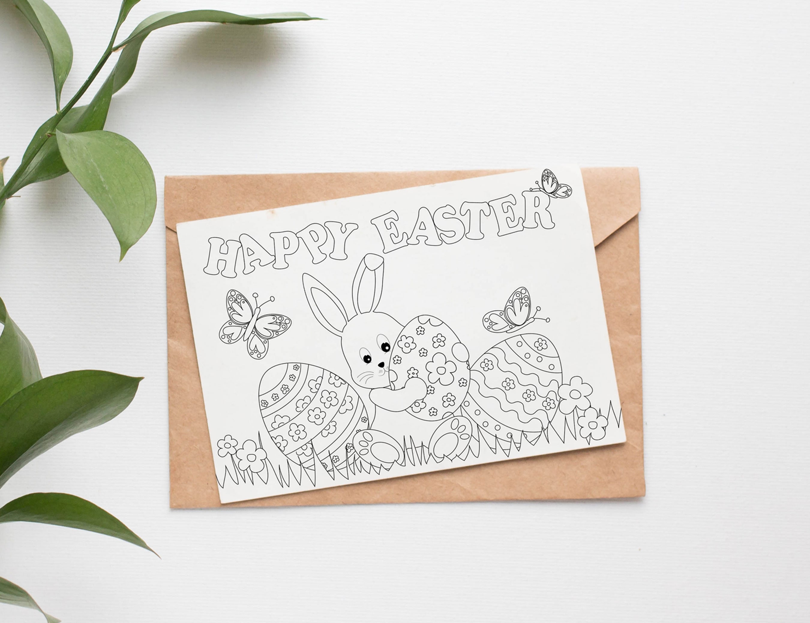 Happy Easter Coloring Card for Kids, Easter Bunny Card, Easter Greeting ...
