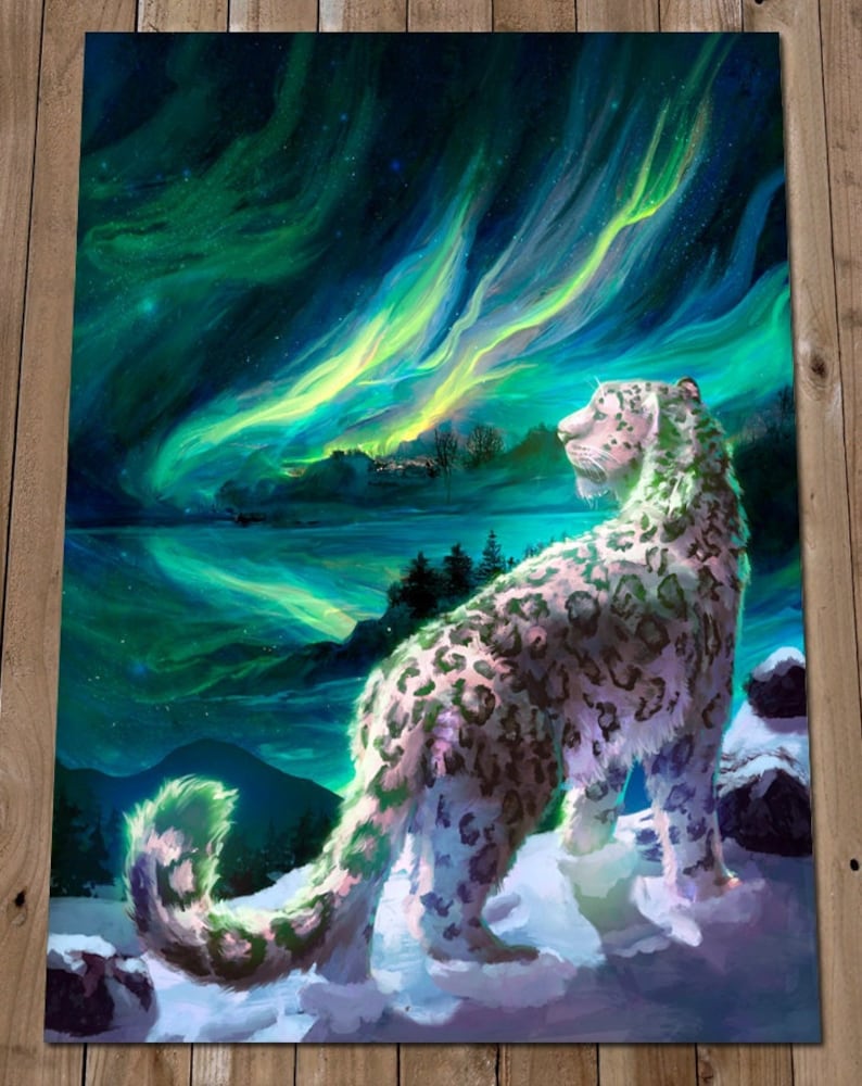 Snow Leopard Print Aurora Borealis Art Painting Fantasy - Etsy