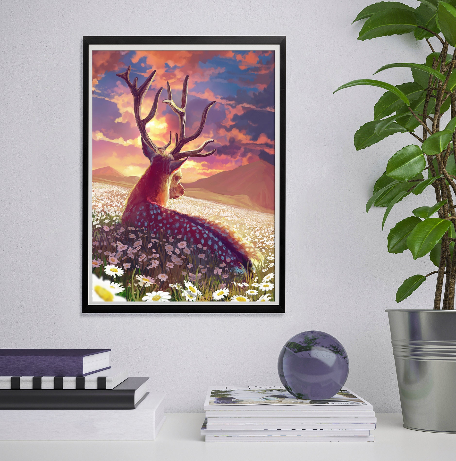 Daisy Stag Art Print - Flower Field Deer - Sunset Daisies Stag Painting ...