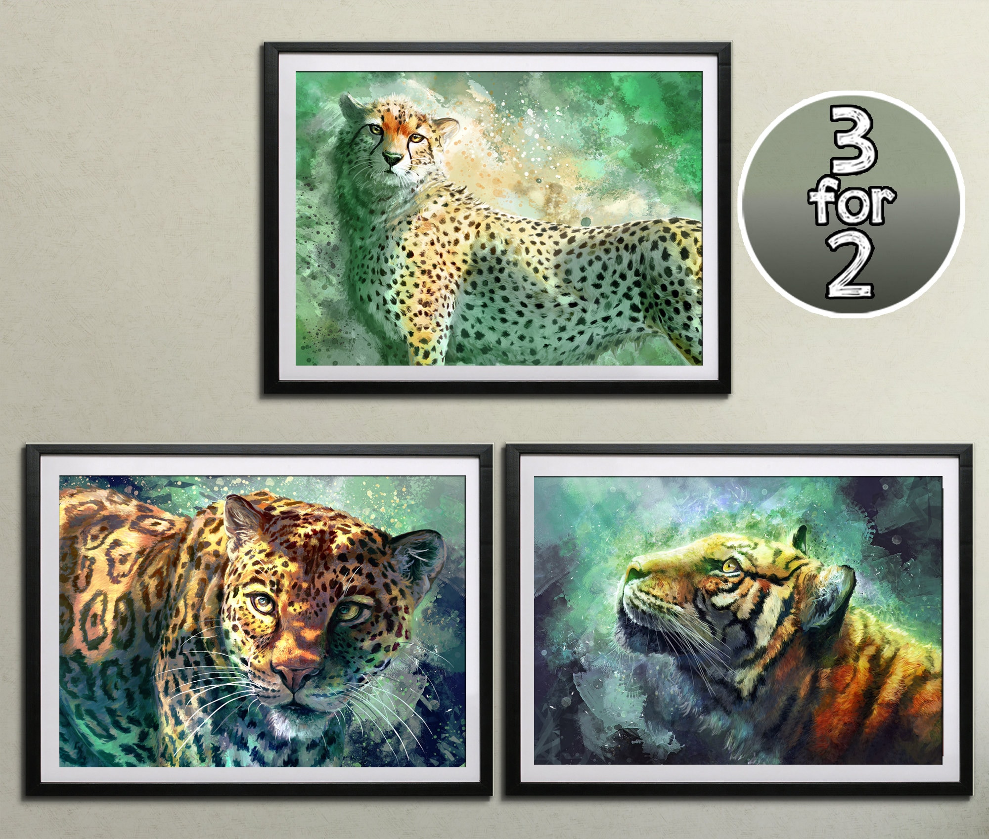 Prints Set of 3 Big Cat Print Set Big Cat Art Wall Art | Etsy
