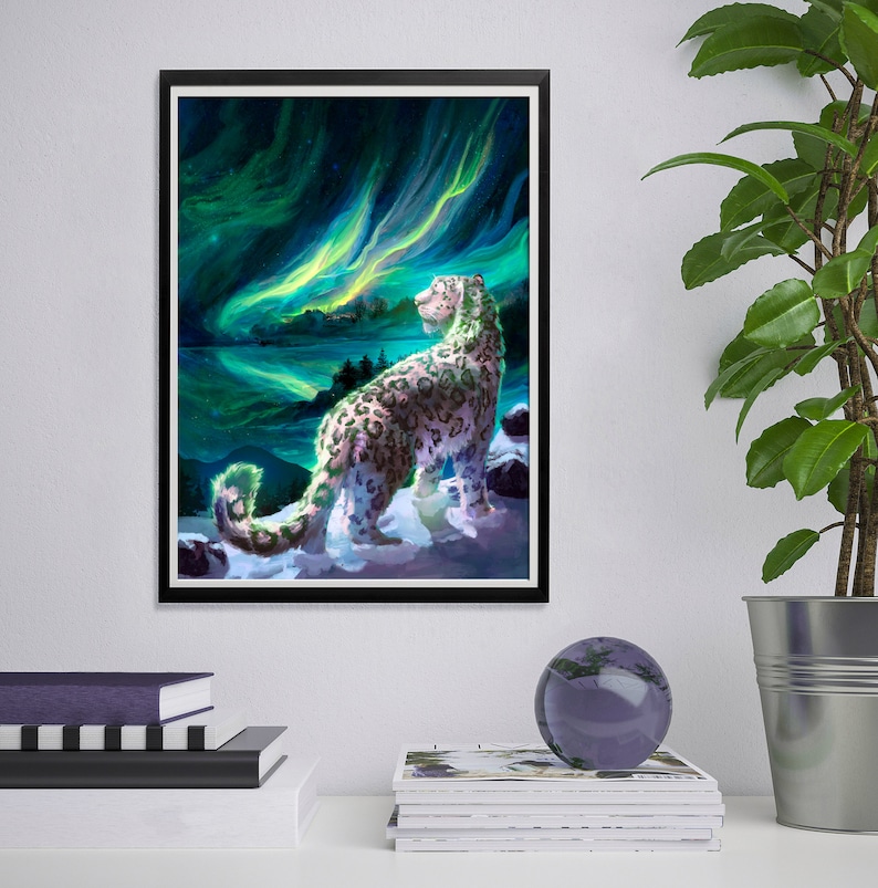 Snow Leopard Print Aurora Borealis Art Painting Fantasy - Etsy
