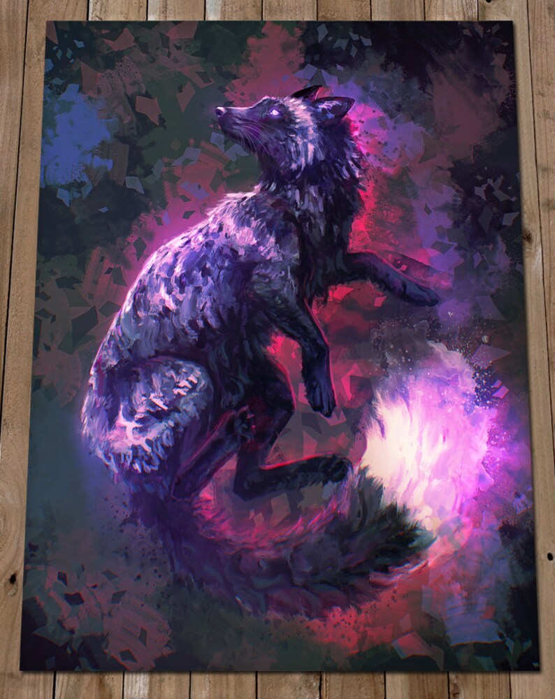 Silver Fox Art Print - Black and Purple Animal Painting - Abstract ...