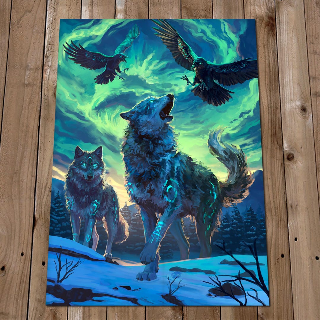 Odin Wolves Huginn Muninn Print - Norse Mythology Art - Northern Lights ...