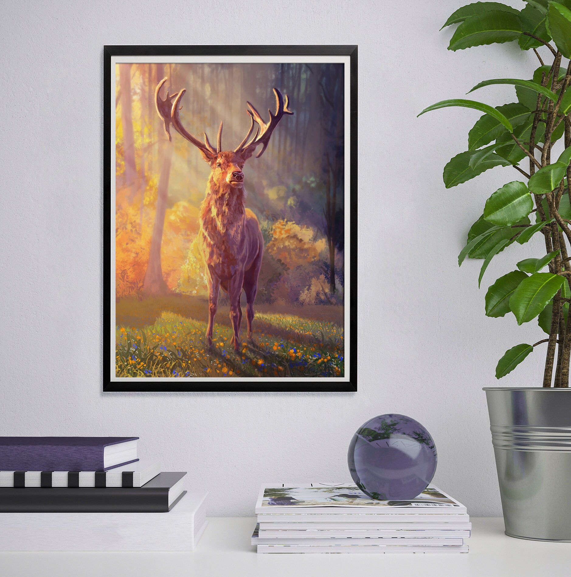 Stag Forest Artwork - Deer Standing in Sunrays Art Print - Stag ...