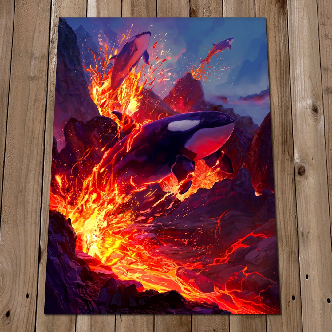 Magical Art Print - Flying Lava Whales - Handpainted Orca Artwork ...
