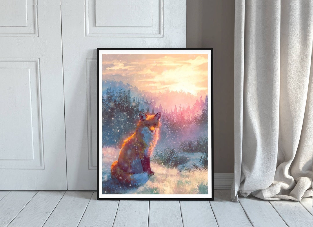 Snowy Fox Art Print - Woodland Winter Scenic Artwork - Snow Fox Forest ...