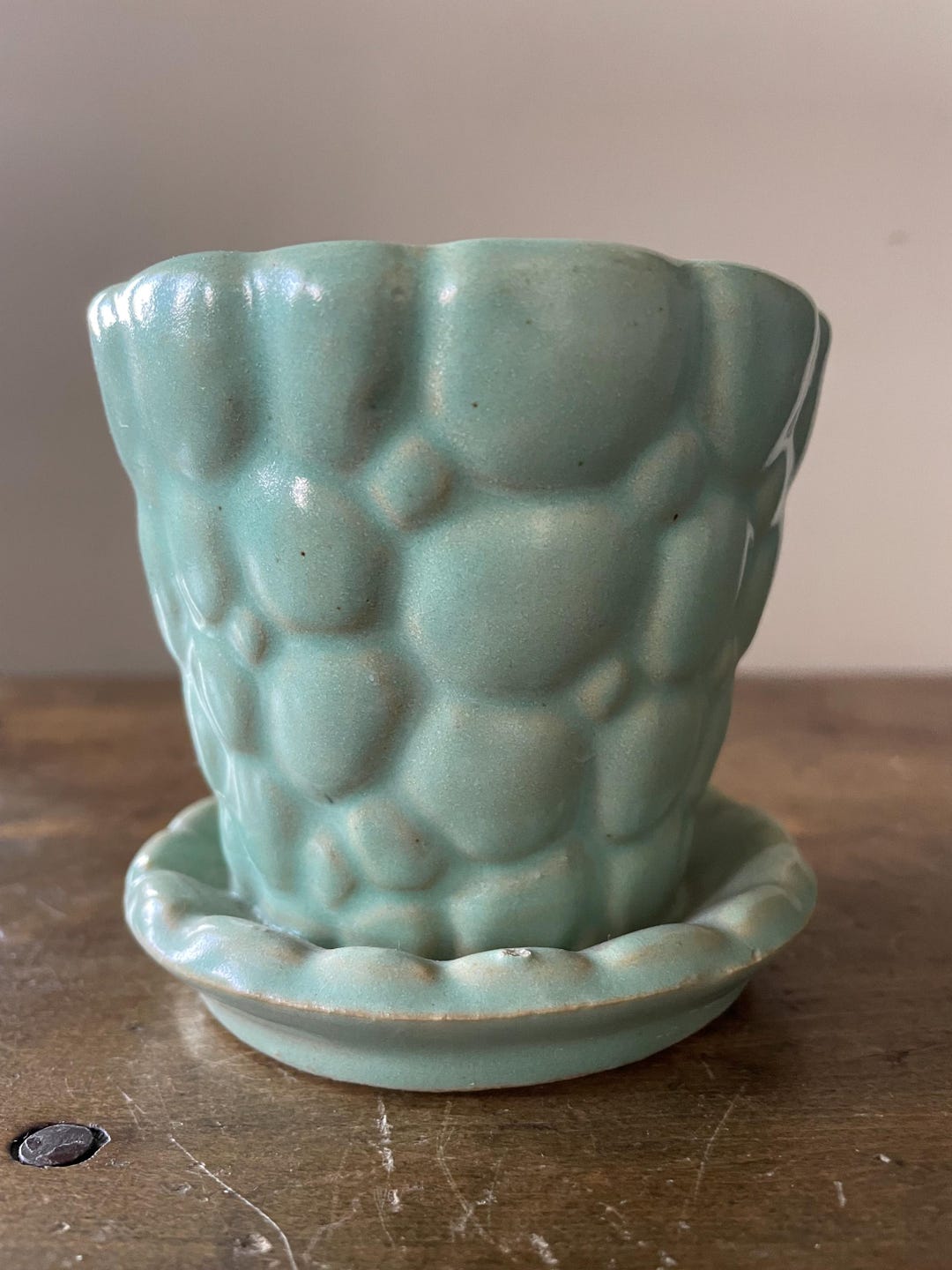 Mccoy Pebble Flower Pot With Attached Dish Blue Green - Etsy