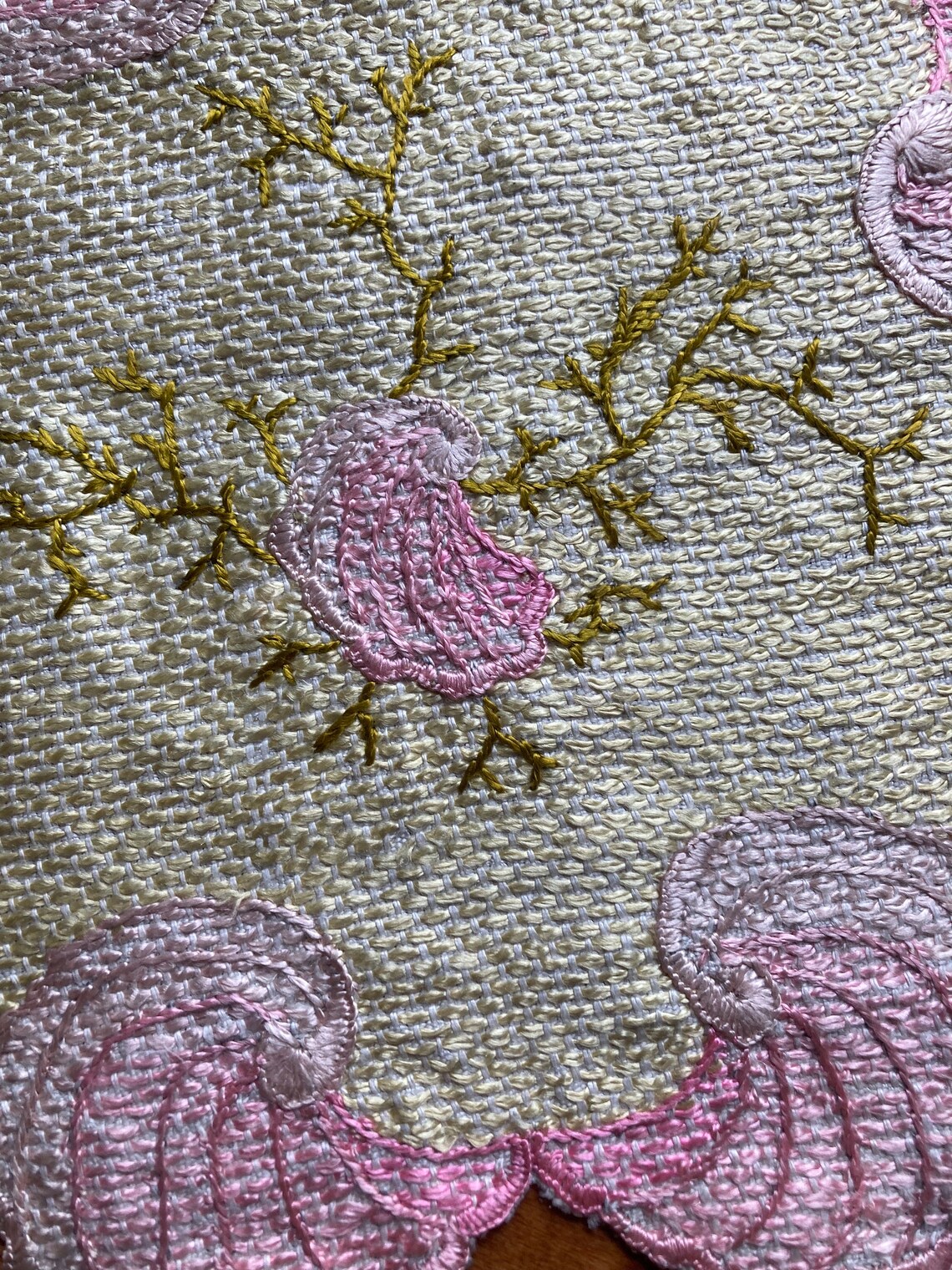 Antique Embroidered Summer Conch Shell Doiley. Pinks and Greens ...
