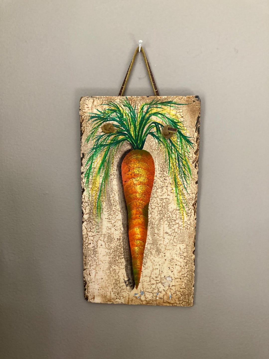 Hand Painted Carrot on Slate Wall Hanging Signed Easter Spring Vibrant ...