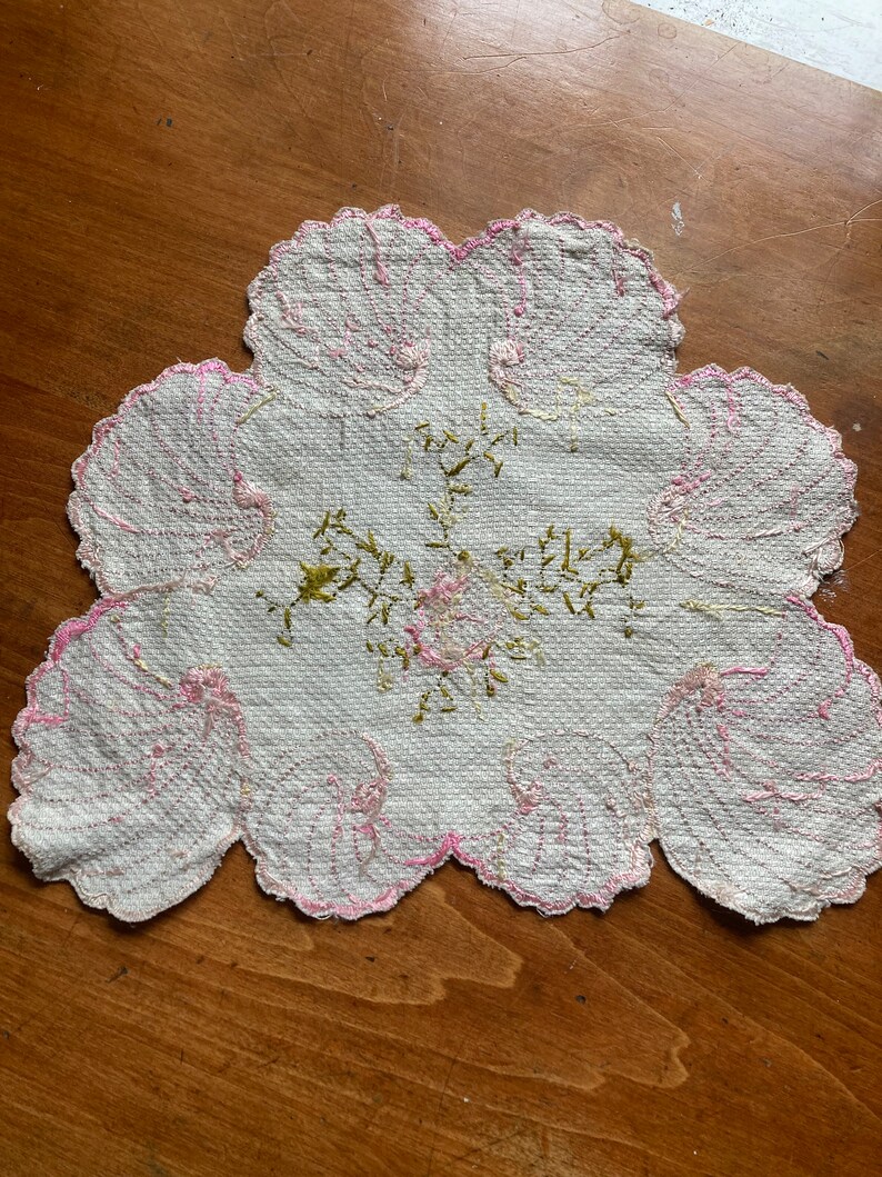 Antique Embroidered Summer Conch Shell Doiley. Pinks and Greens ...