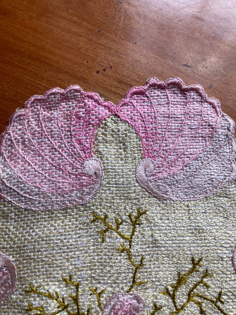 Antique Embroidered Summer Conch Shell Doiley. Pinks and Greens ...
