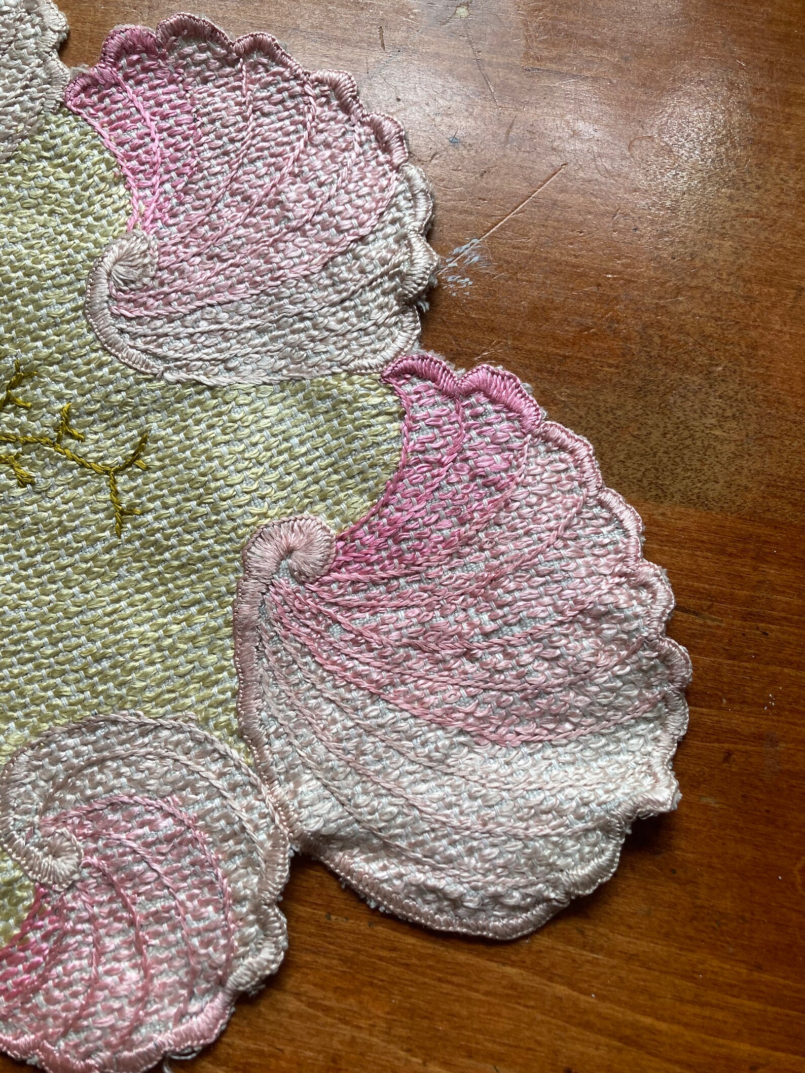 Antique Embroidered Summer Conch Shell Doiley. Pinks and Greens ...