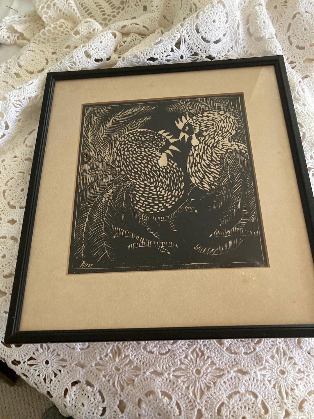 Vintage Wood Block Print Framed Signed Roosters Black White Primitive ...