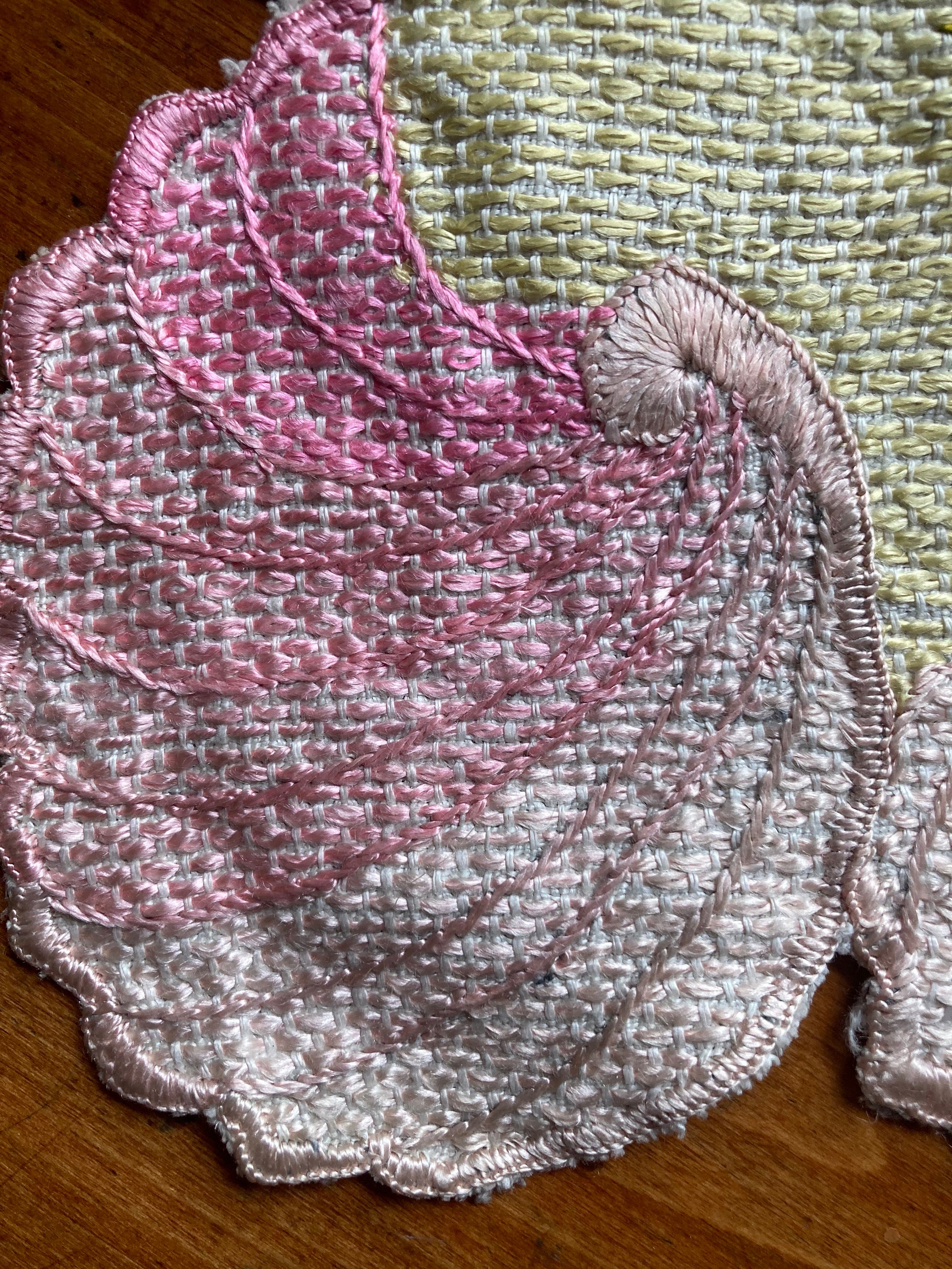 Antique Embroidered Summer Conch Shell Doiley. Pinks and Greens ...