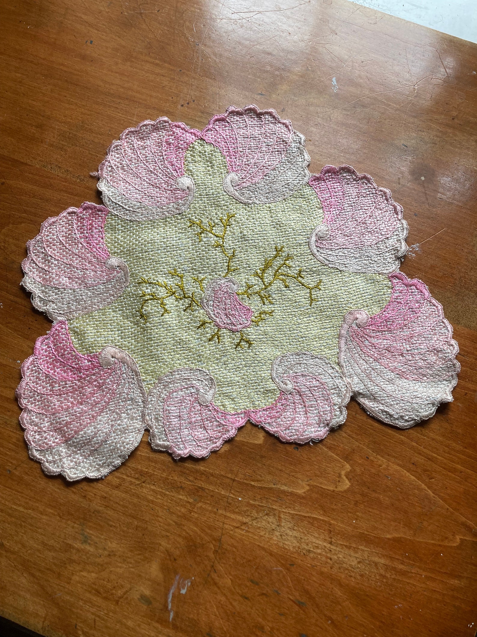 Antique Embroidered Summer Conch Shell Doiley. Pinks and Greens ...