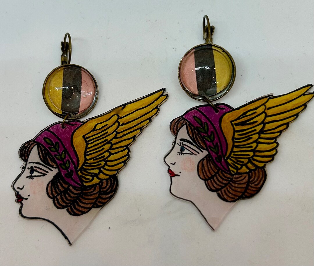 Art Deco Drop Shrinky Dink Earrings With Woman's Head and Wings - Etsy