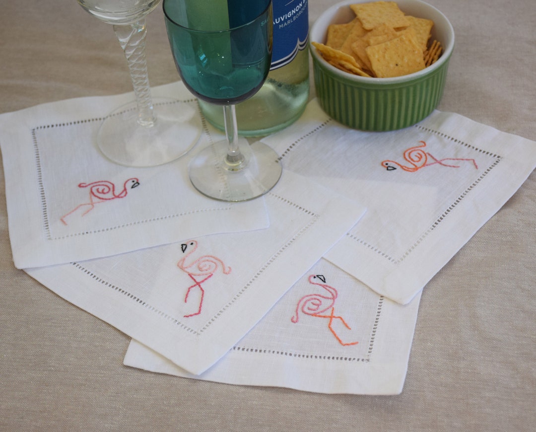 Flamingo Cocktail Napkin Set, Hand Embroidered Napkins, Flamingos ...