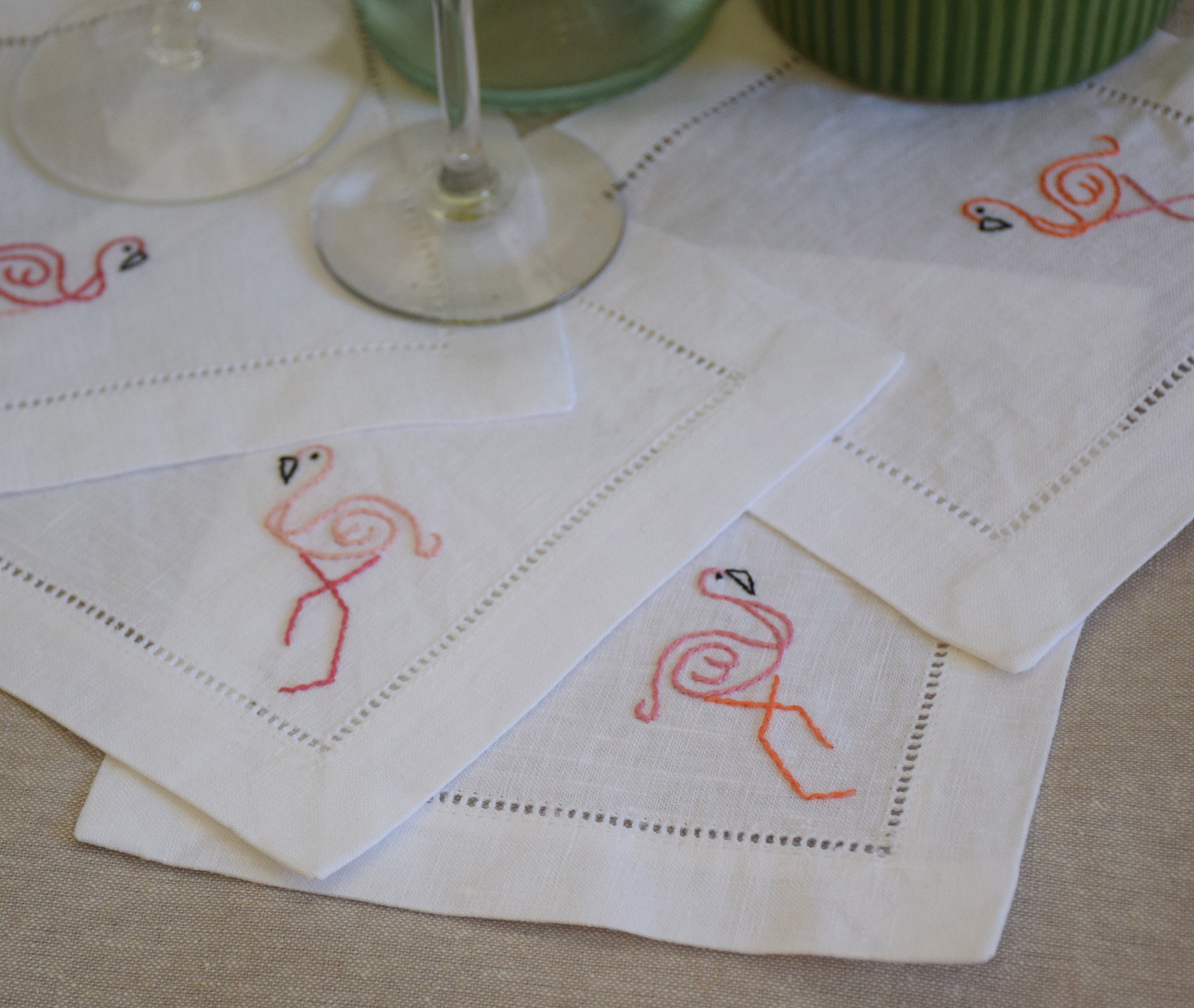 Flamingo Cocktail Napkin Set, Hand Embroidered Napkins, Flamingos ...