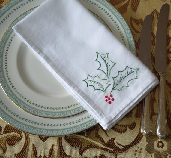 Set of 11 Christmas White Linen Hand Embroidered Holly Leaf Dinner ...