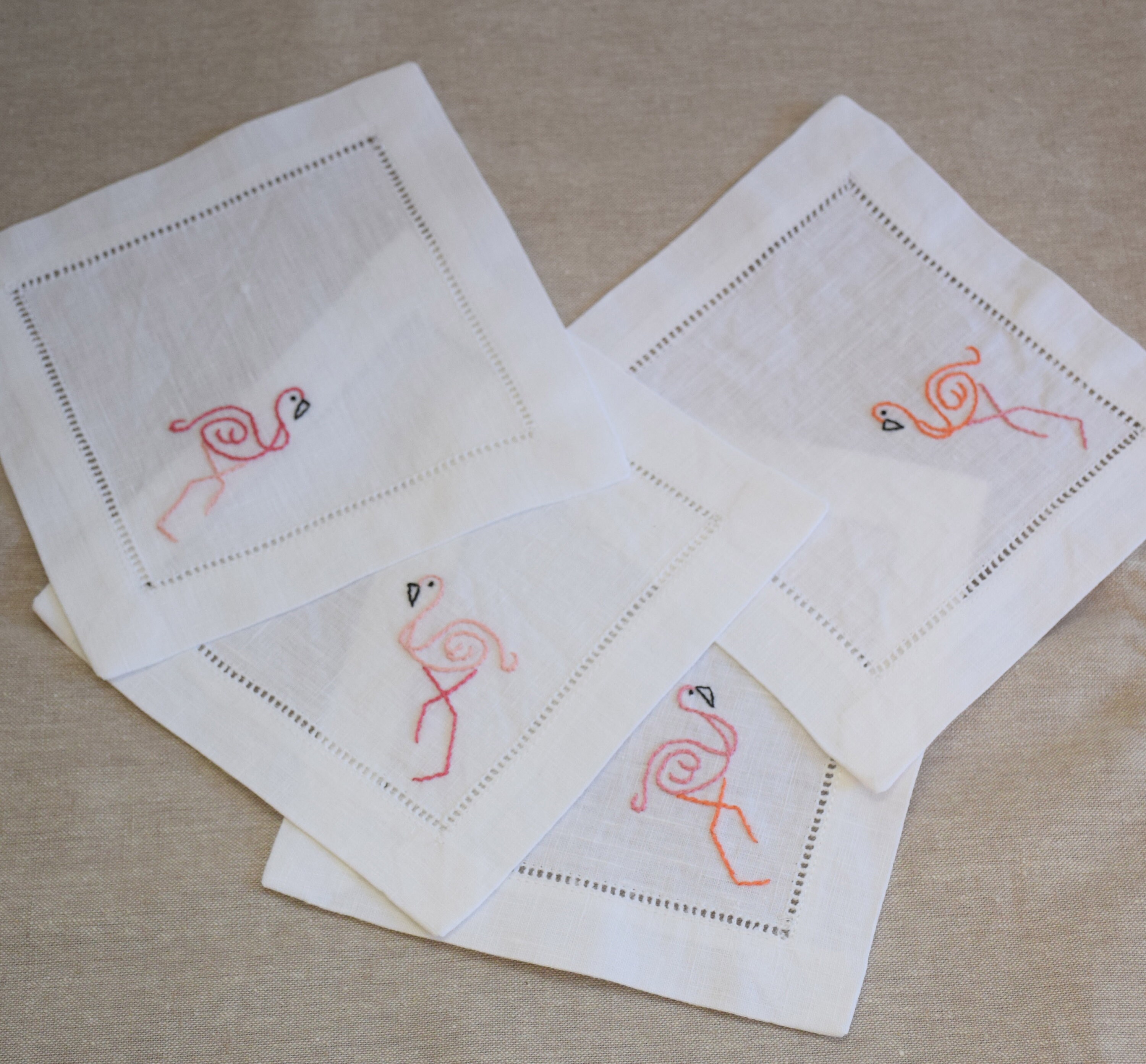 Flamingo Cocktail Napkin Set, Hand Embroidered Napkins, Flamingos ...