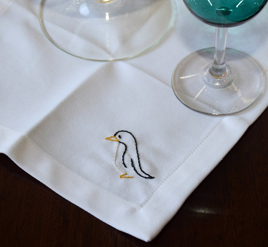 Penguin Cocktail Napkin, Hand Embroidered Napkin, Custom Hostess Gift ...