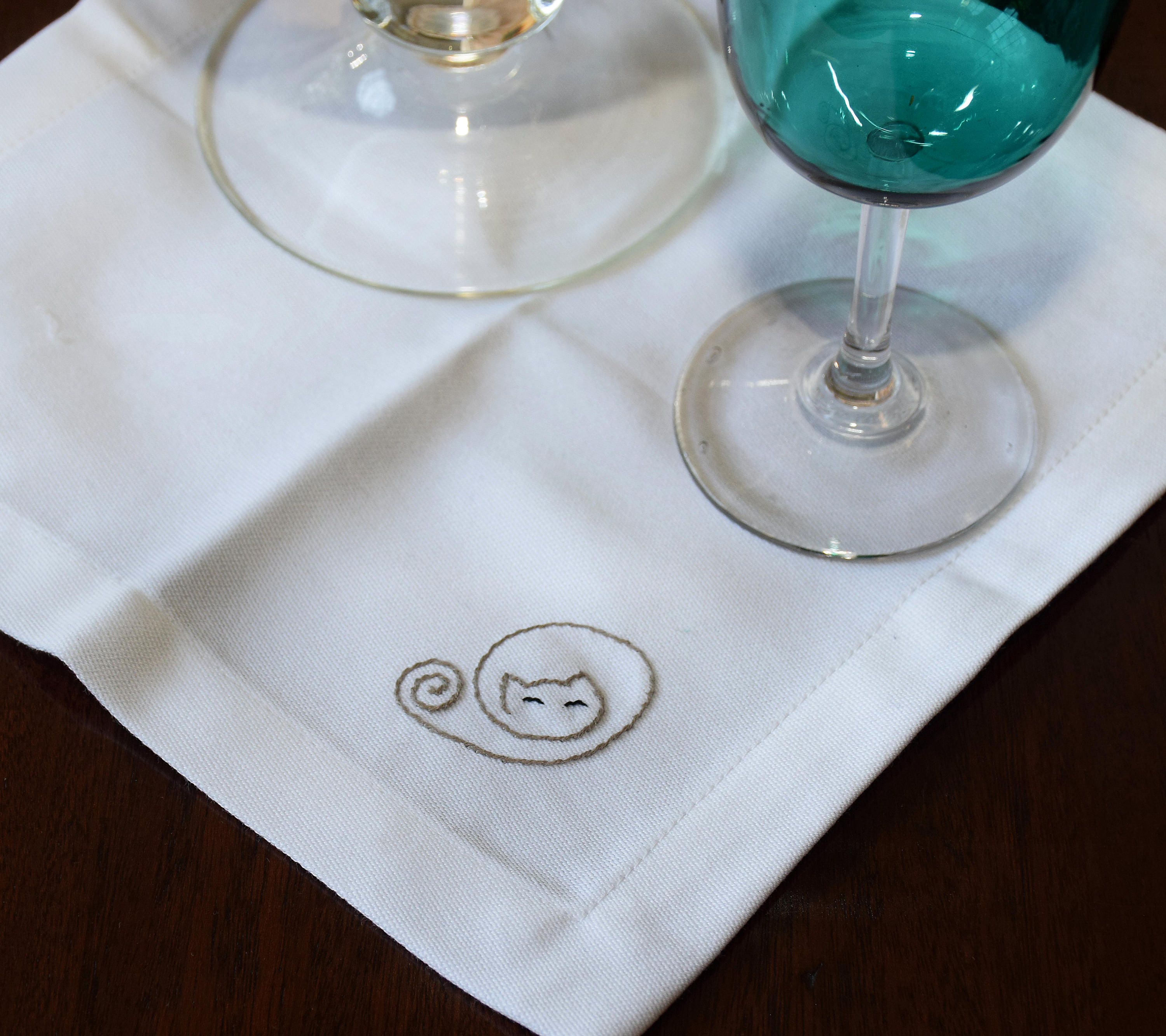 Cat cocktail napkin, hand embroidered napkin, custom hostess gift, cat ...