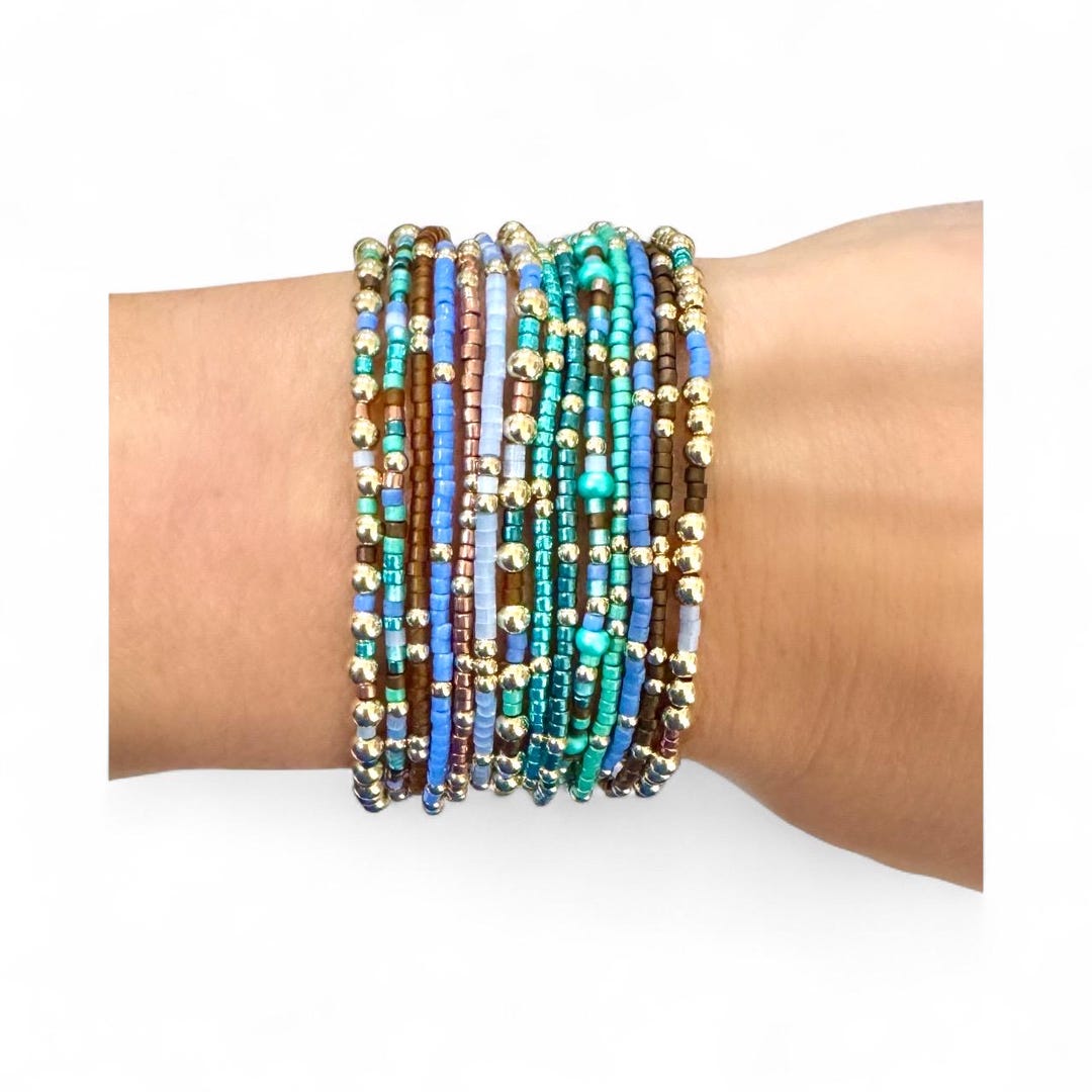 14K Gold Filled Seed Bead Stacking Bracelet: Teal, Blue, Brown - Etsy
