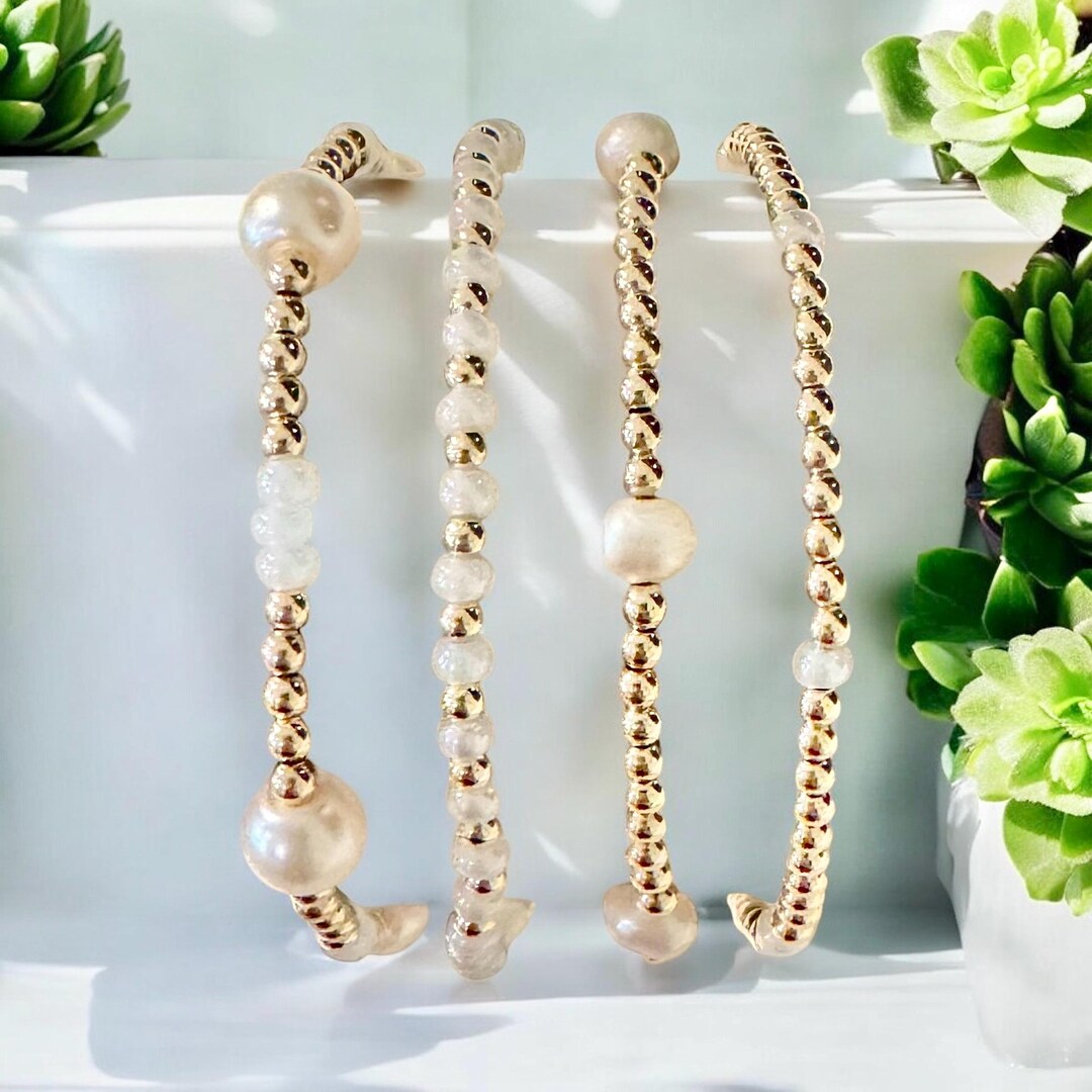 14k Gold Filled and Pearl Beaded Stretch Stacking Bracelets. Beautiful ...