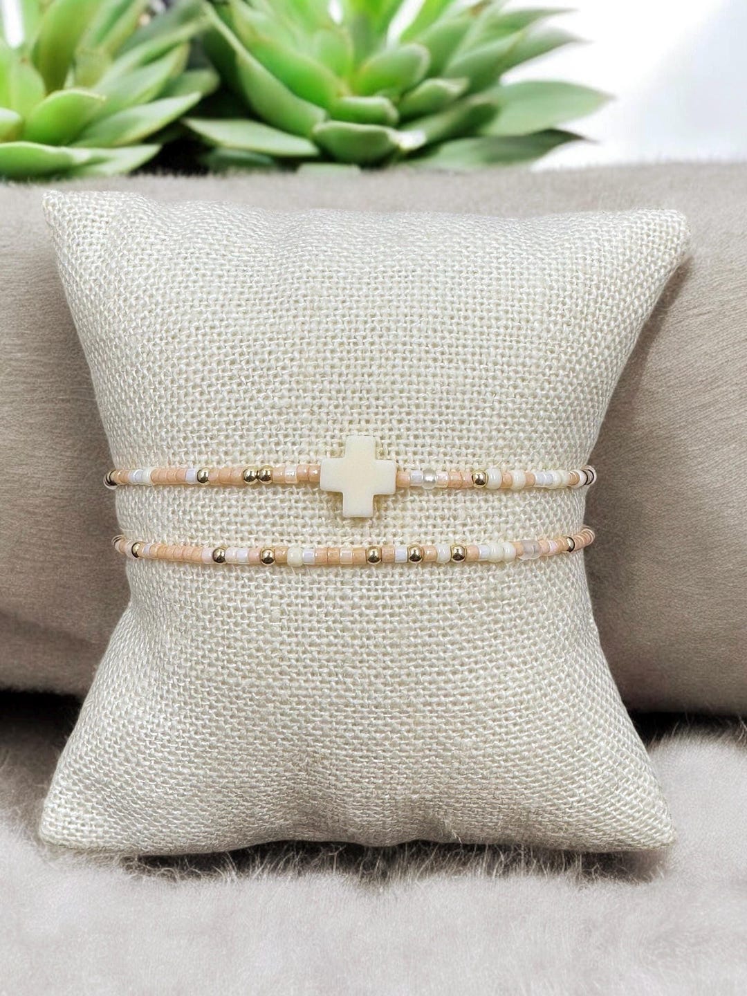 14k Gold Filled Seed Bead Stacking Bracelets With Cream/off White Cross ...
