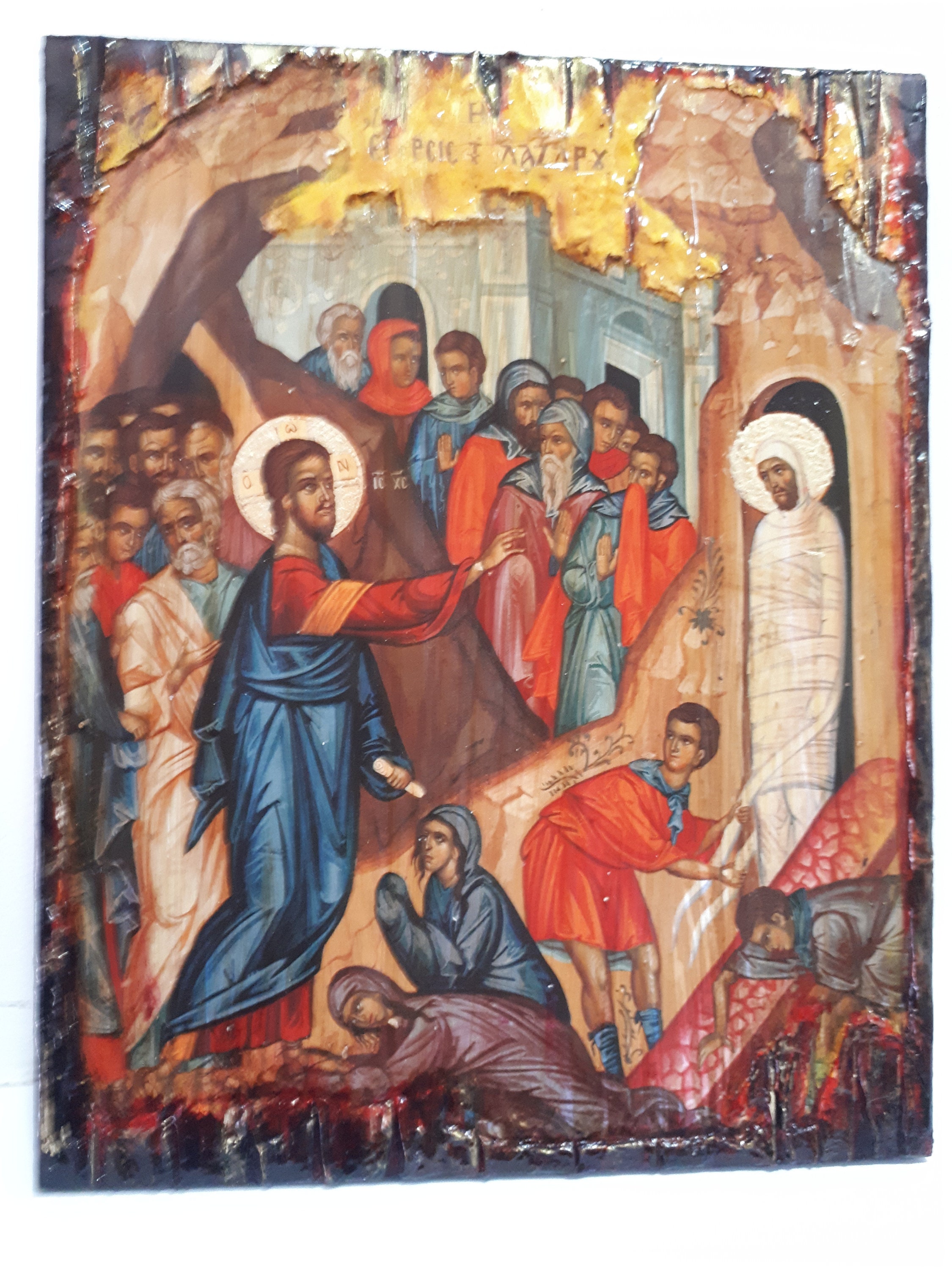 Raising of Lazarus Icon -Orthodox Greek Byzantine Wood Antique Style Icons