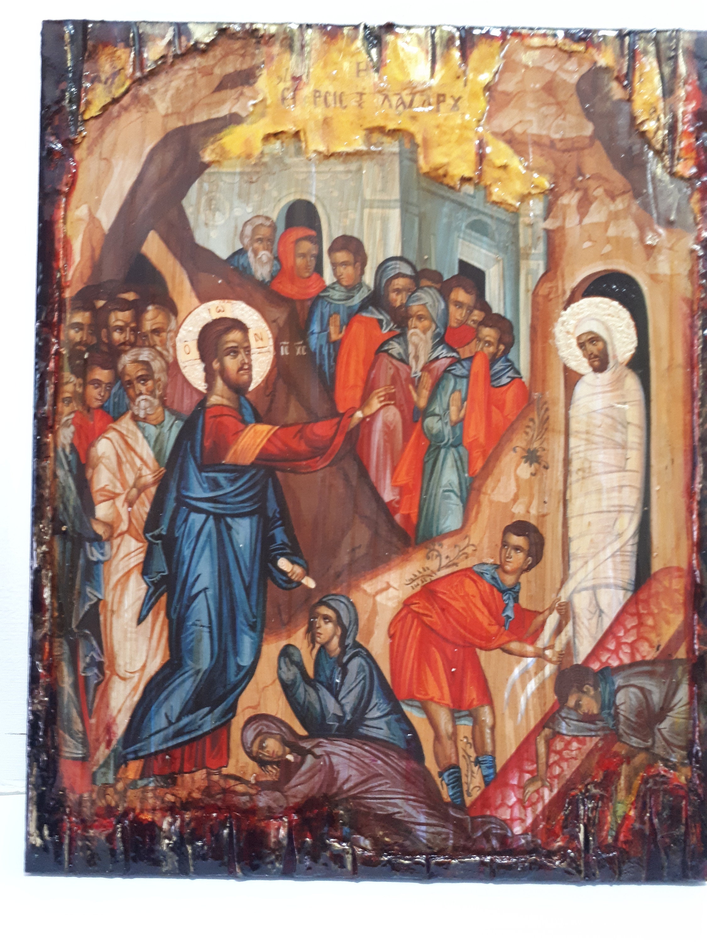 Raising of Lazarus Icon -Orthodox Greek Byzantine Wood Antique Style Icons