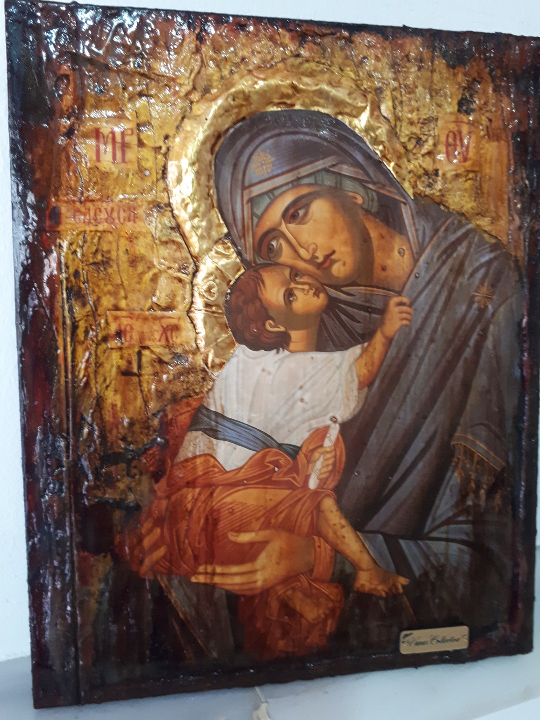Virgin Mary Eleousa Jesus Christ Icon - Handmade Greek Orthodox ...