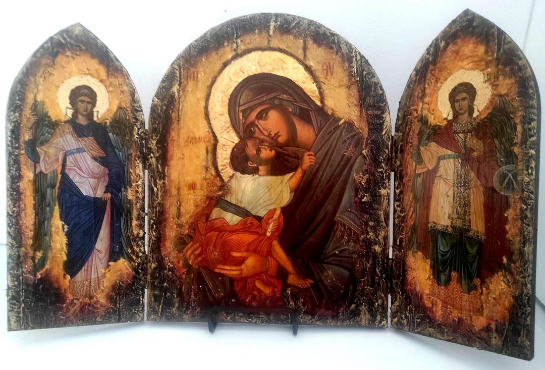 Virgin Mary - Jesus Christ With Michael and Gabriel Triptych Icon-greek ...