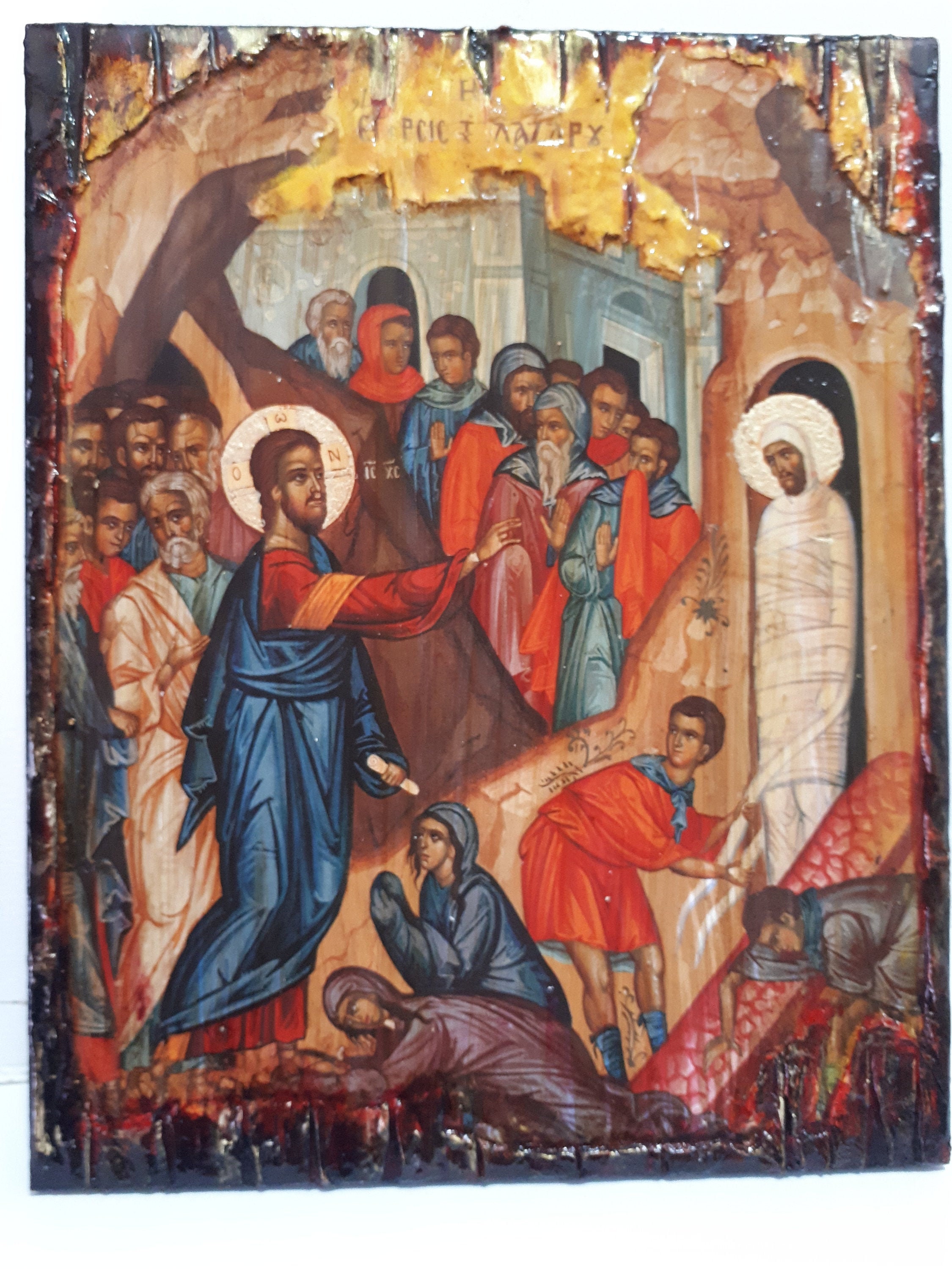 Raising of Lazarus Icon -Orthodox Greek Byzantine Wood Antique Style Icons