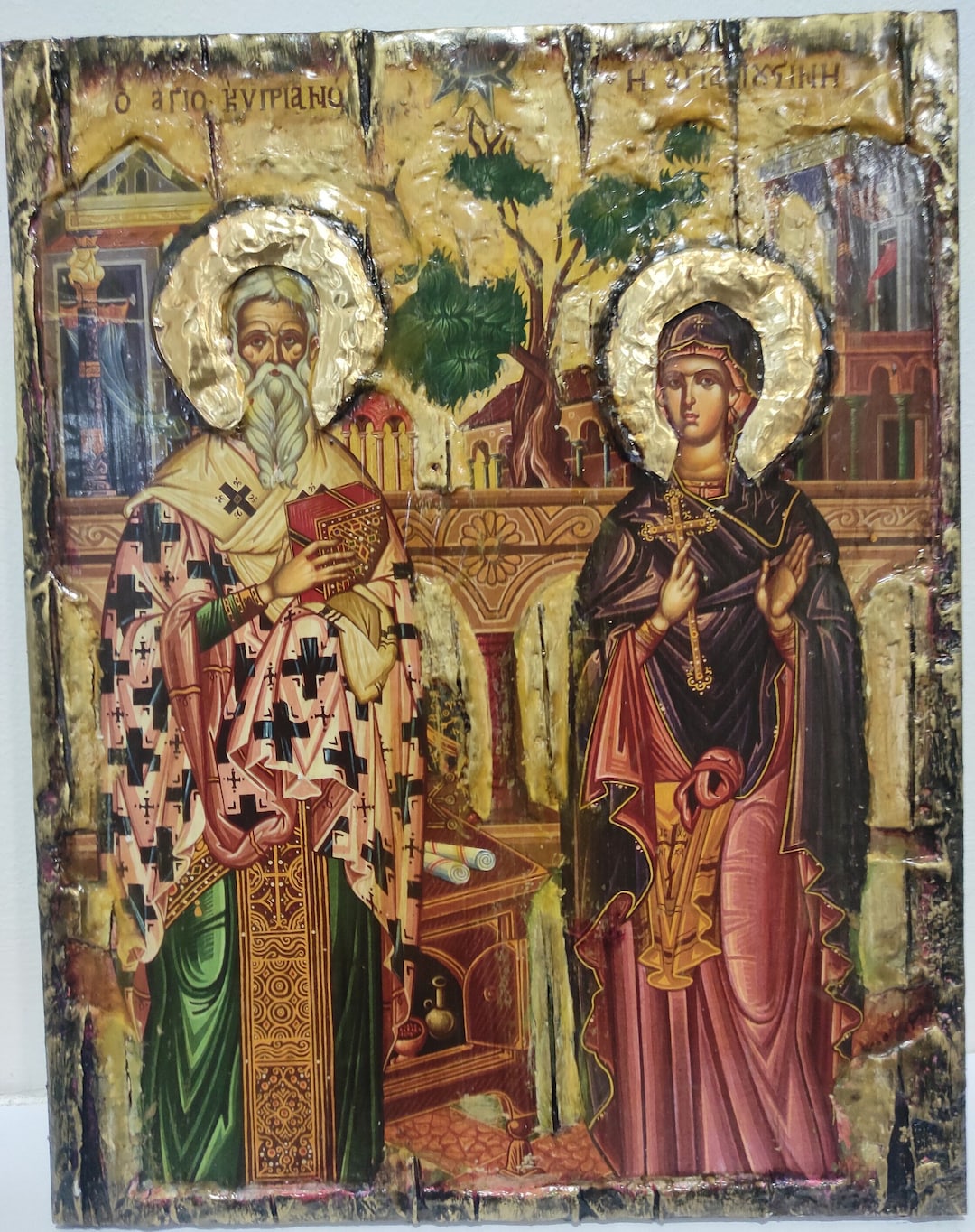 Saints Cyprian and Justina Icon: Greek Byzantine Style, Handmade Wood ...