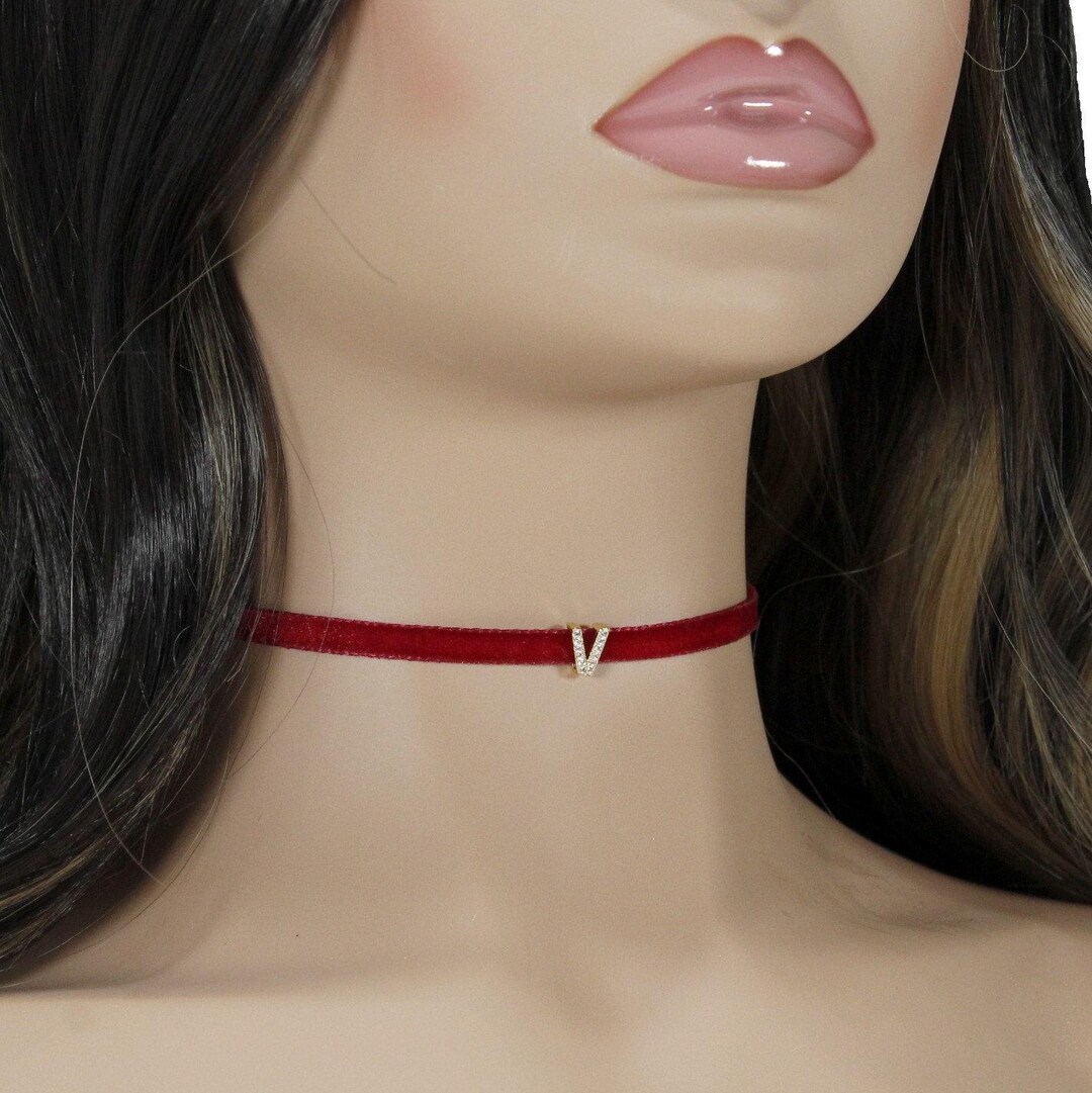 Red Velvet Choker Necklace: Gold Initial Charm, Personalized Collar - Etsy