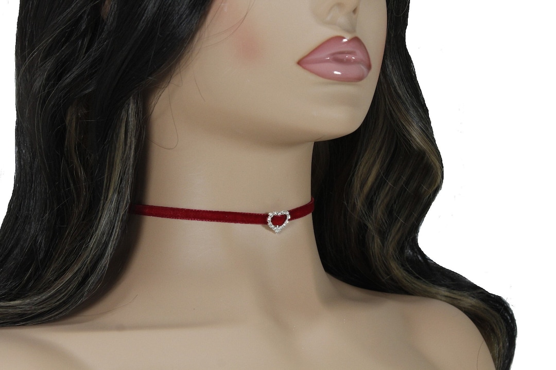 Red Velvet Choker Necklace: Rhinestone Heart Charm - Etsy