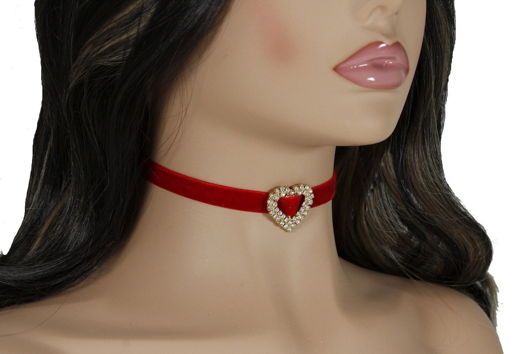 Red Velvet Choker With Rhinestone Gold Heart Pendant Charm for Woman ...