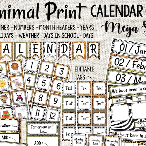 Animal Print Mega Calendar Set Classroom Calendar Pocket - Etsy