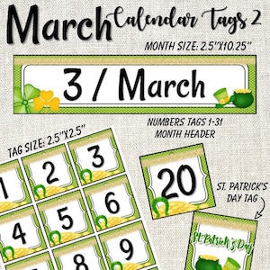 Printable March Calendar Tag Set - Calendar Number Tags - St. Patricks ...