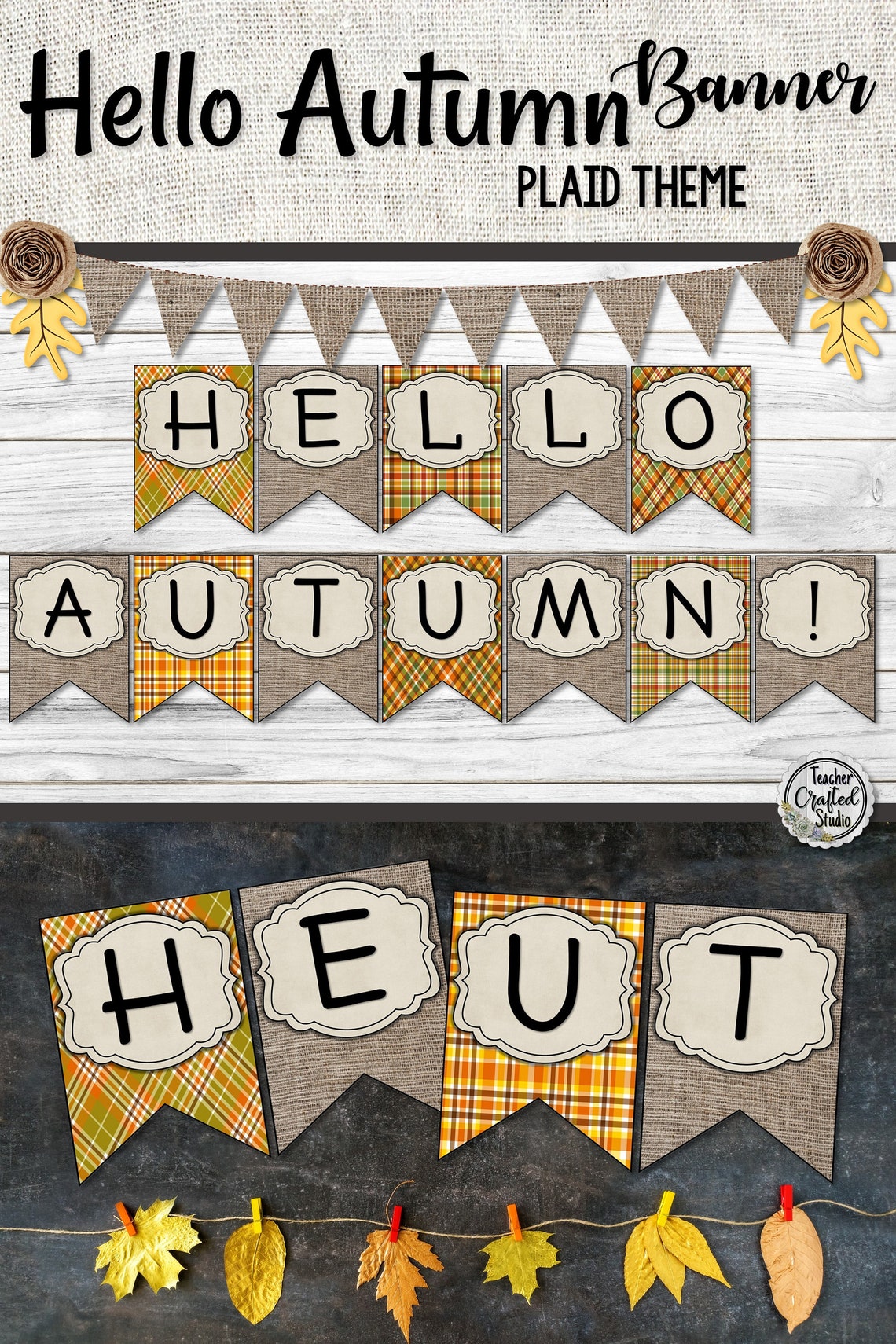 Printable Hello Autumn Banner Plaid and Burlap Banner Fall Banner ...