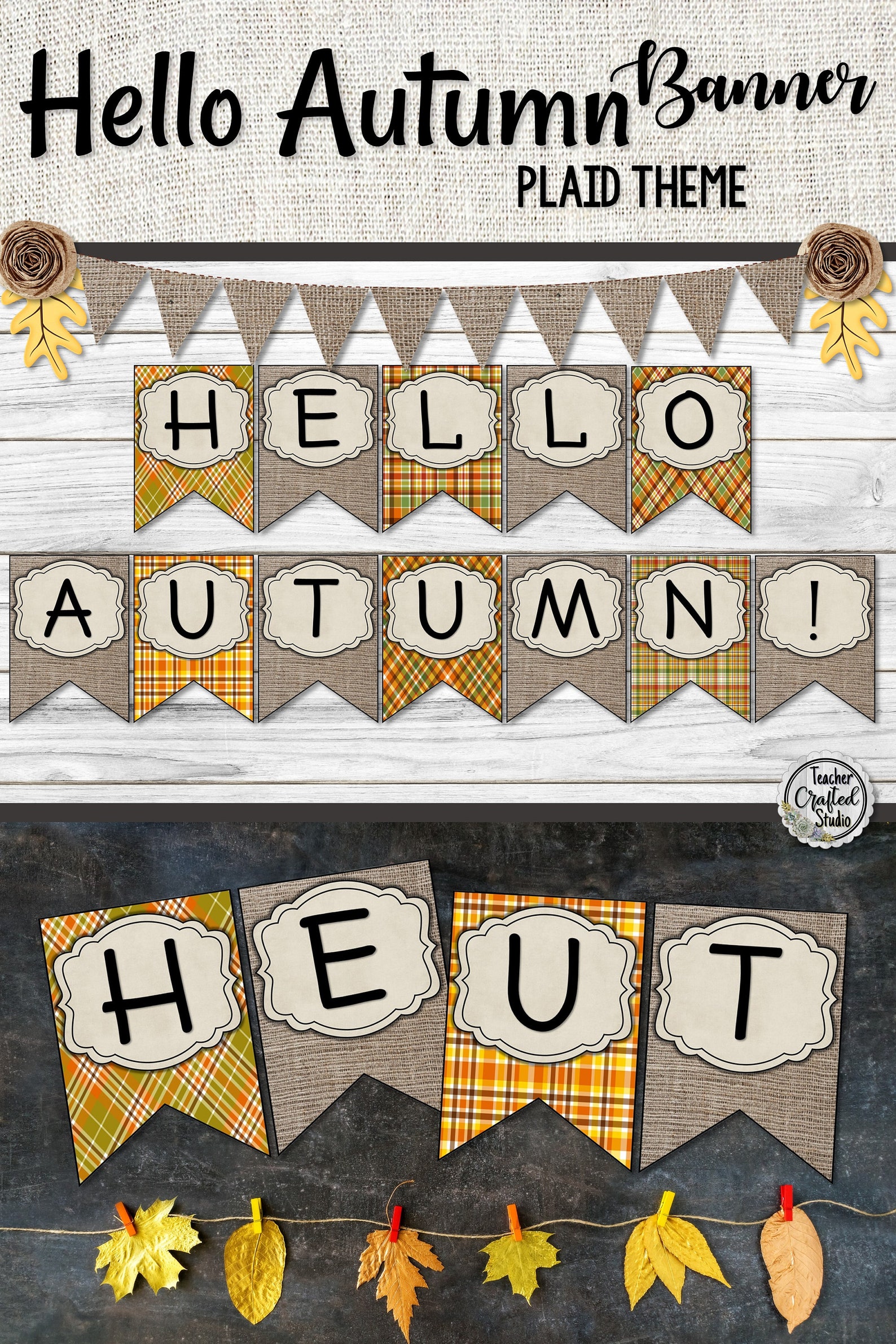 Printable Hello Autumn Banner Plaid and Burlap Banner Fall Banner ...