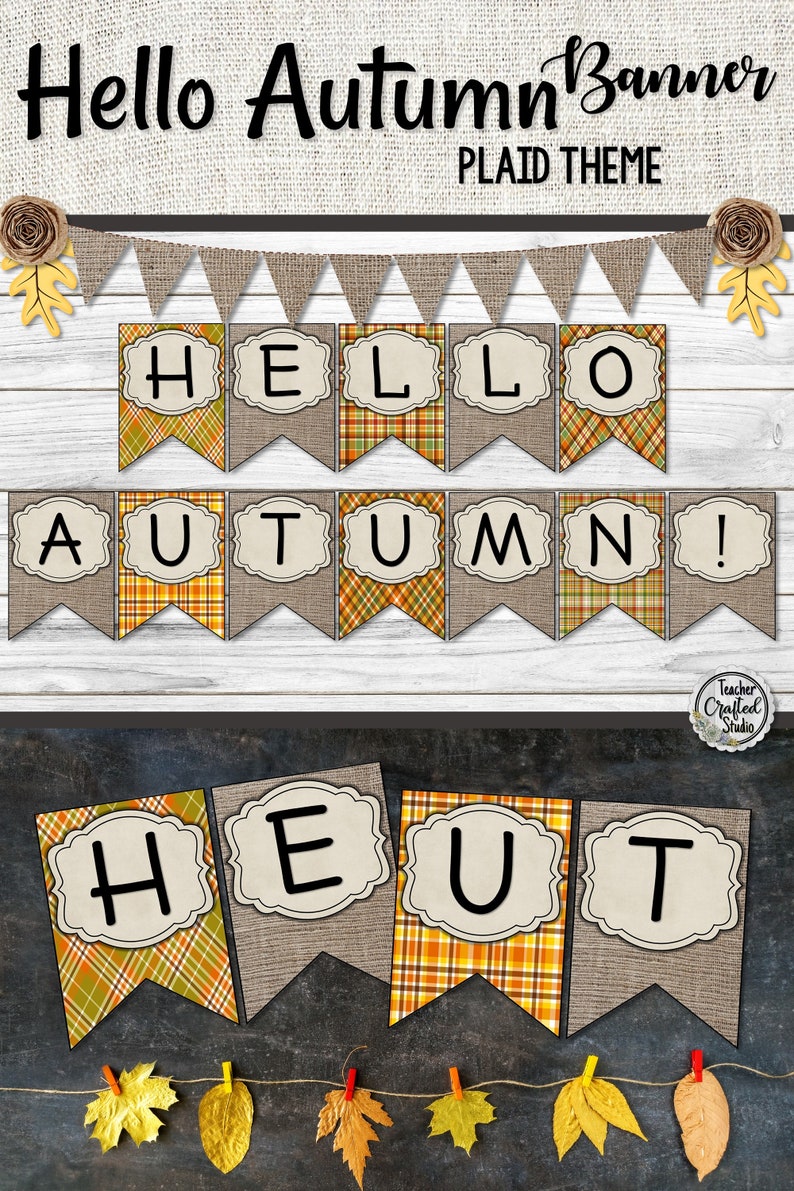 Printable Hello Autumn Banner Plaid and Burlap Banner Fall Banner ...