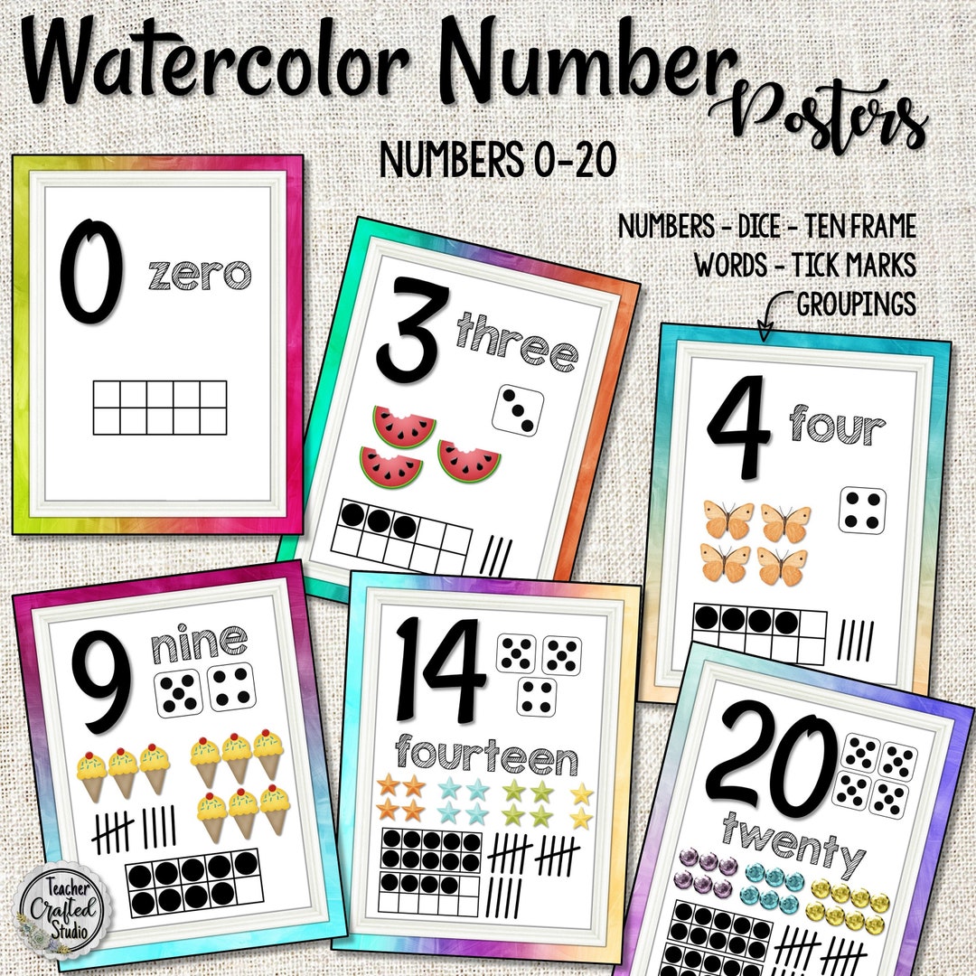 Watercolor Classroom Decor Number Posters 0-20 | Ten Frames Posters ...