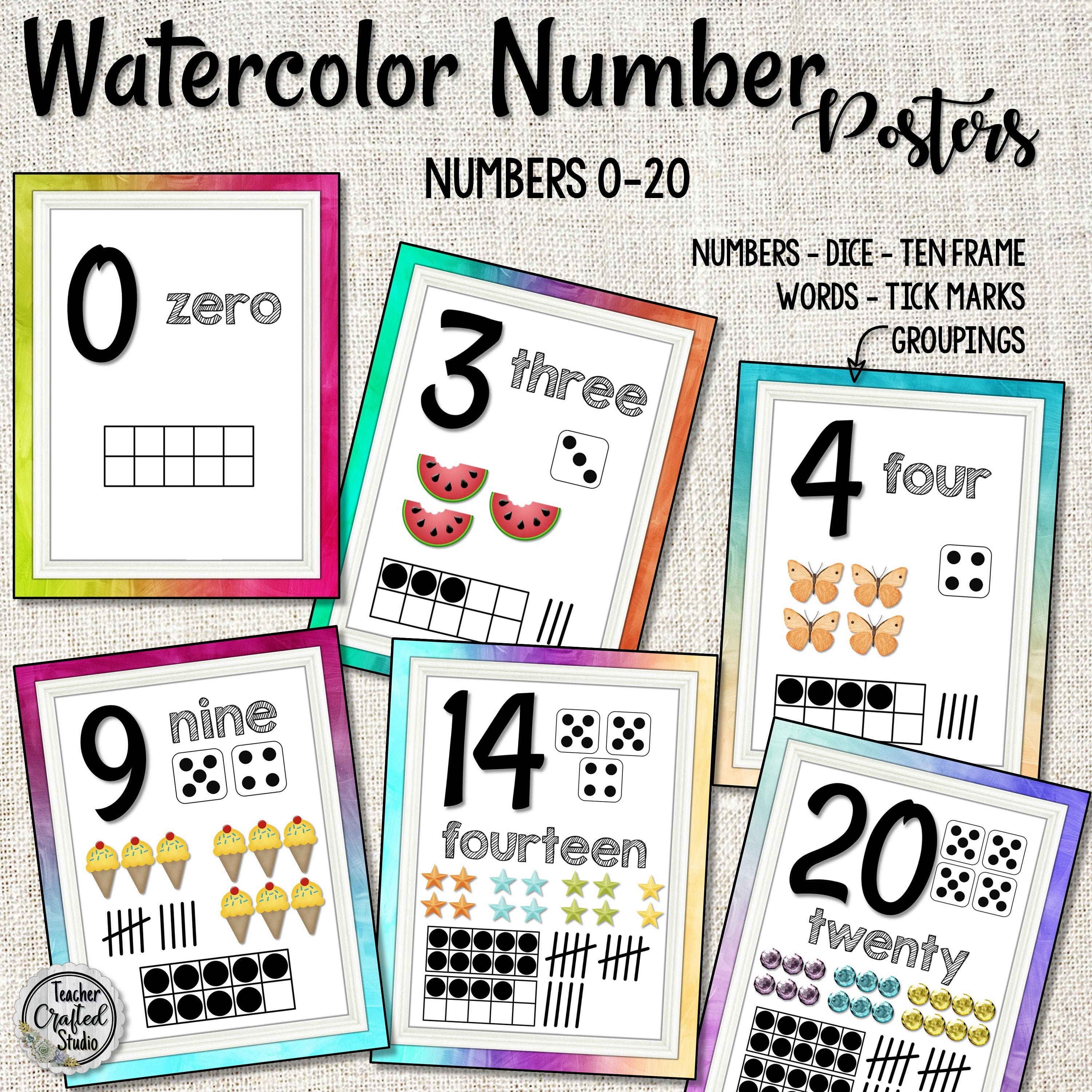 Watercolor Classroom Decor Number Posters 0-20 Ten Frames Posters ...