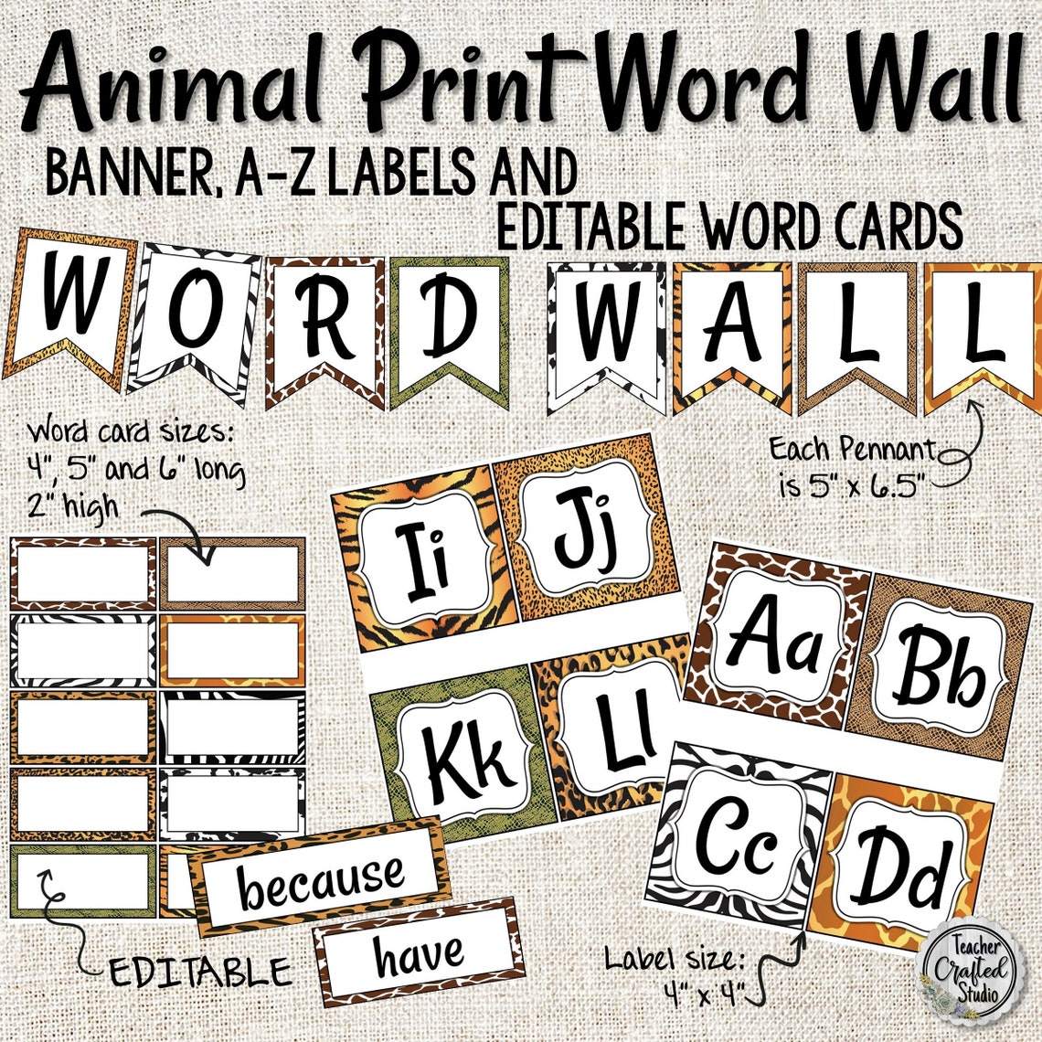 Animal Print Word Wall Classroom Set Banner and Editable Cards Teacher ...