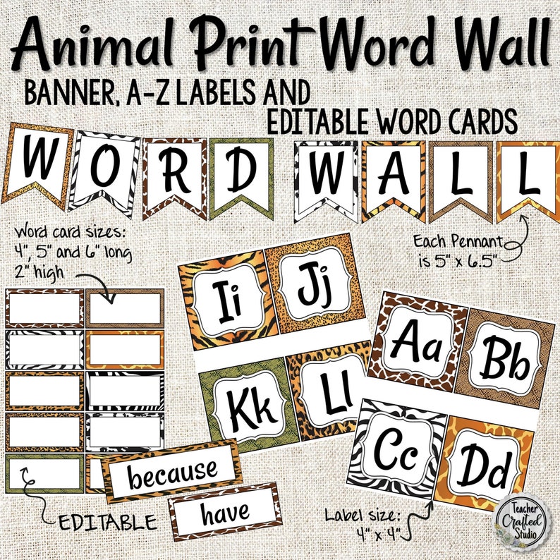 Animal Print Word Wall Classroom Set | Banner and Editable Cards ...