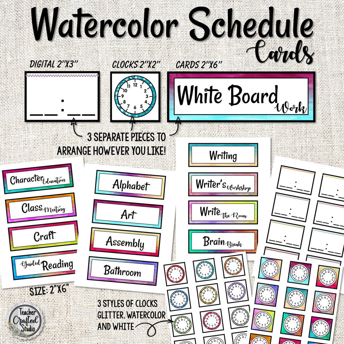 Rainbow Watercolor Schedule Cards and Time Watercolor Classroom Decor ...
